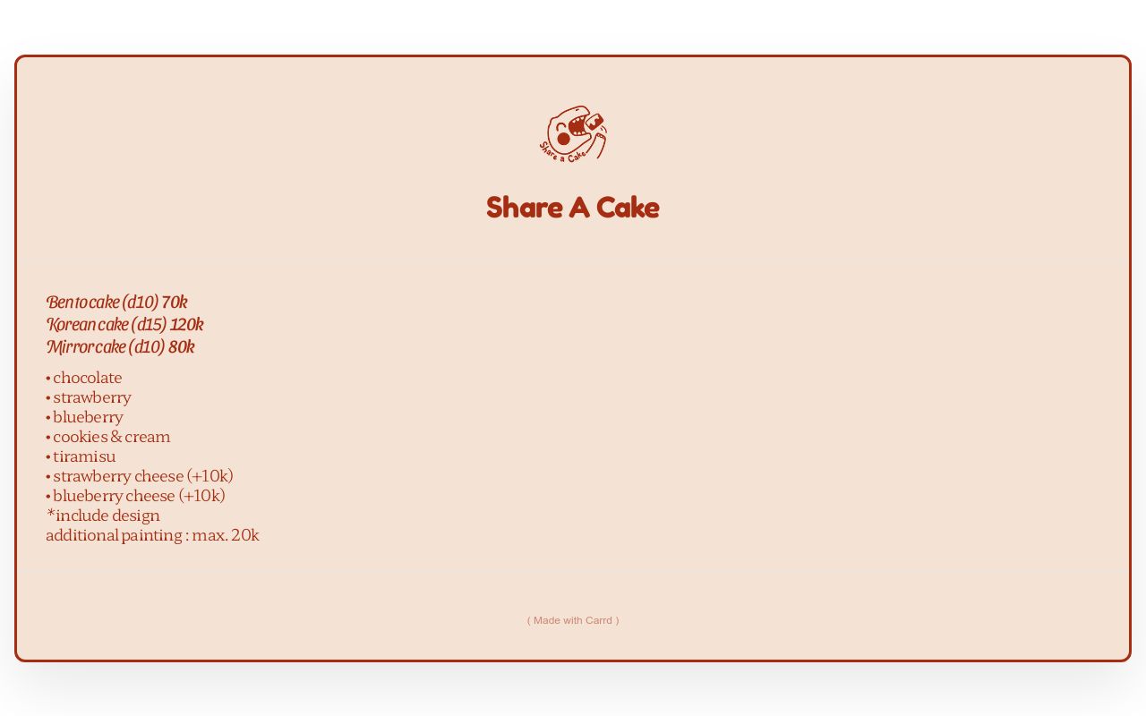 Share A Cake : Menu & Pricelist